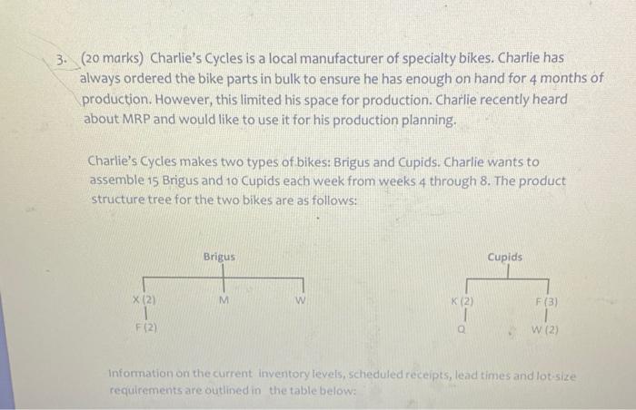 Solved 3. (20 marks) Charlie's Cycles is a local | Chegg.com