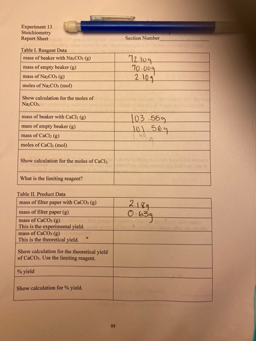 Solved Experiment 13 Stoichiometry Report Sheet Section | Chegg.com