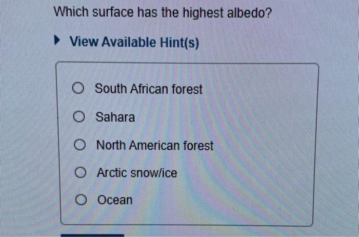 Solved Which surface has the highest albedo? View | Chegg.com