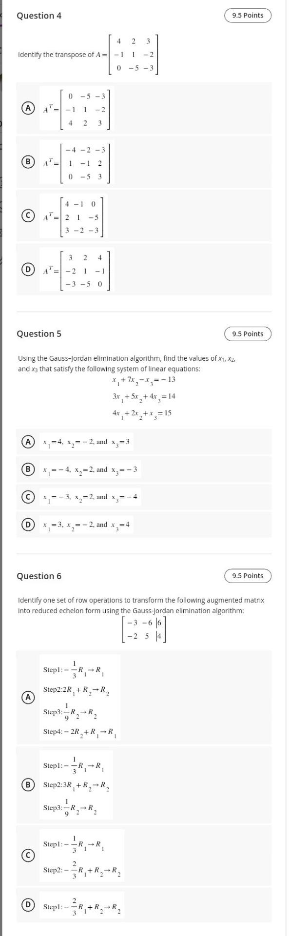 Solved Question 4 Identify the transpose of | Chegg.com