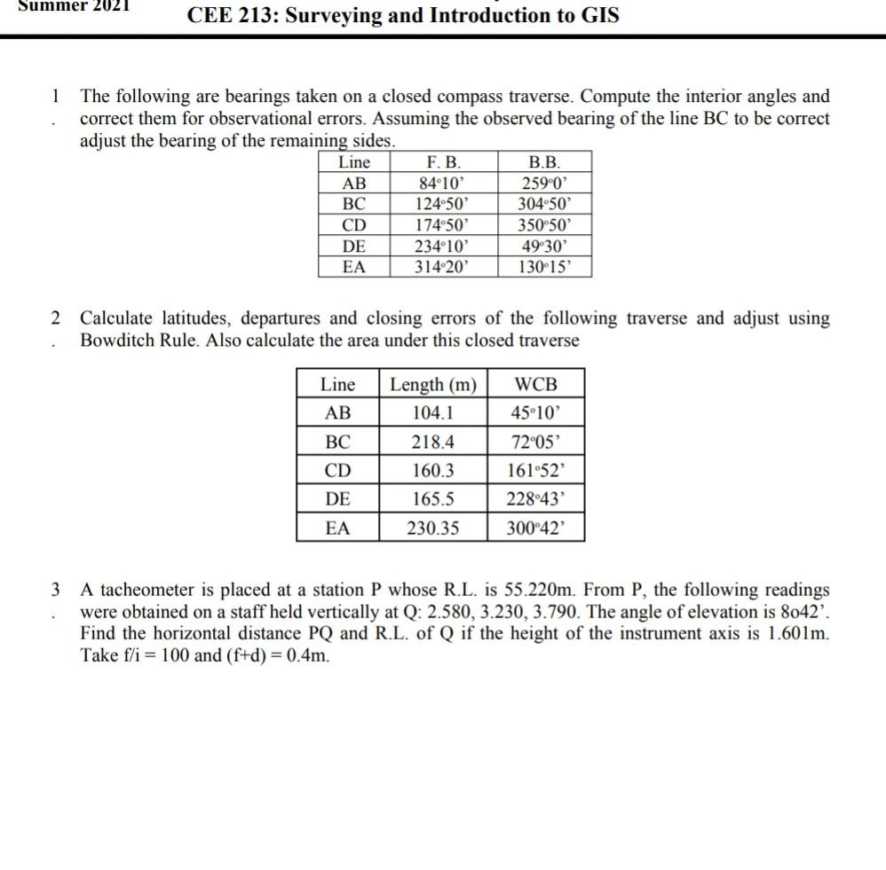 Solved Summer 2021 CEE 213: Surveying and Introduction to | Chegg.com