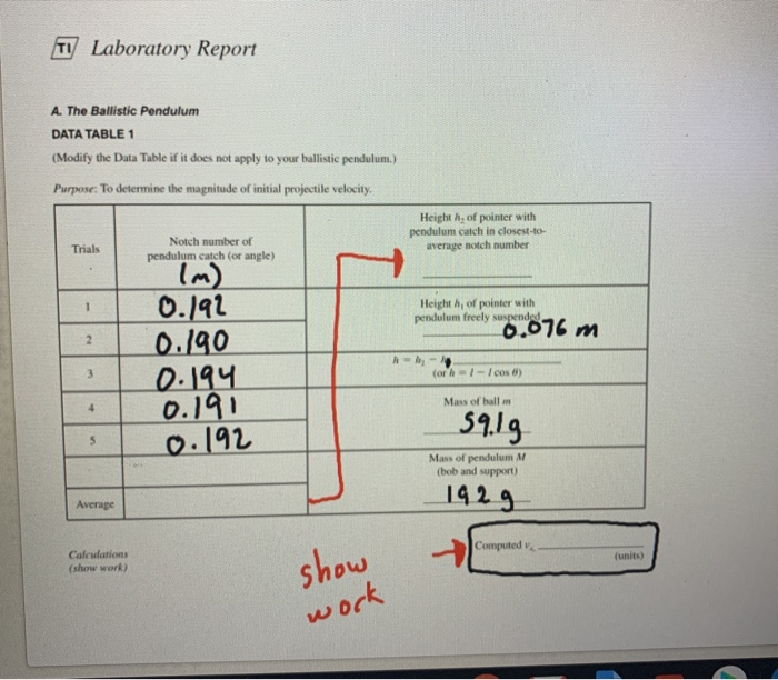 Solved TI Laboratory Report A. The Ballistic Pendulum DATA | Chegg.com