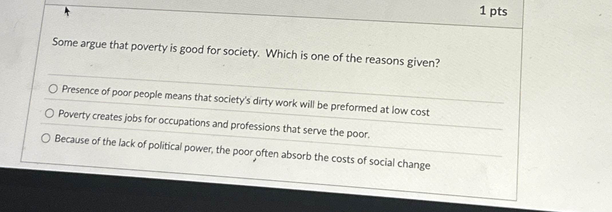 Solved 1 ﻿ptsSome argue that poverty is good for society. | Chegg.com