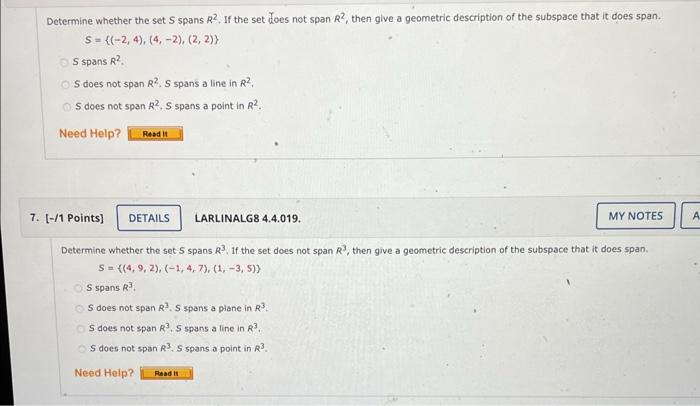 Solved Determine whether the set S spans R2. If the set does | Chegg.com