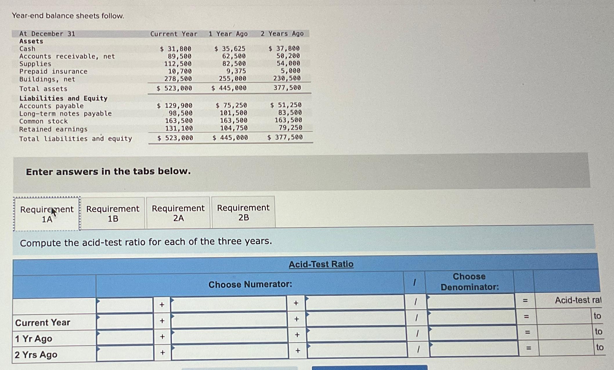 Solved Year-end balance sheets follow.\table[[At December | Chegg.com