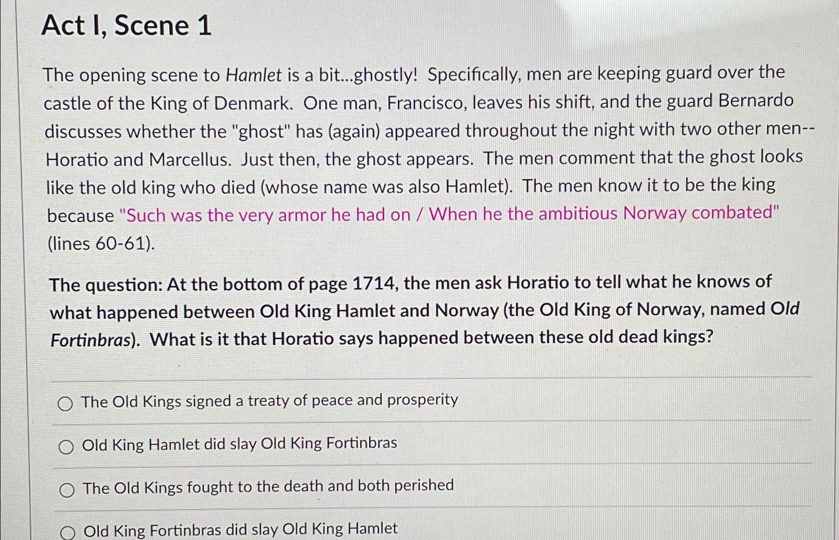 Solved Act I, Scene 1The opening scene to Hamlet is a | Chegg.com
