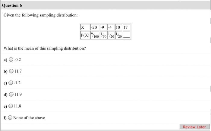 Solved Question 6 Given the following sampling distribution: | Chegg.com