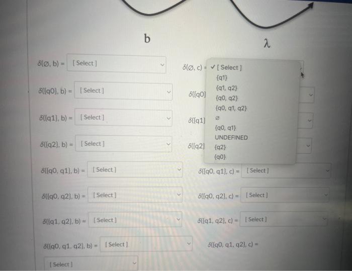 δ({q1},c)= δ({q2},c)= δ({q0,q1),c)= δ((q0,q2)⋅c)= | Chegg.com