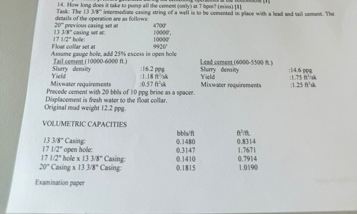 Solved How long does it take to pump all the cement (only) | Chegg.com