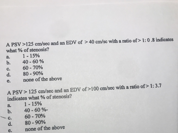 Solved A PSV >125 cm/sec and an EDV of > 40 cm/sc with a | Chegg.com