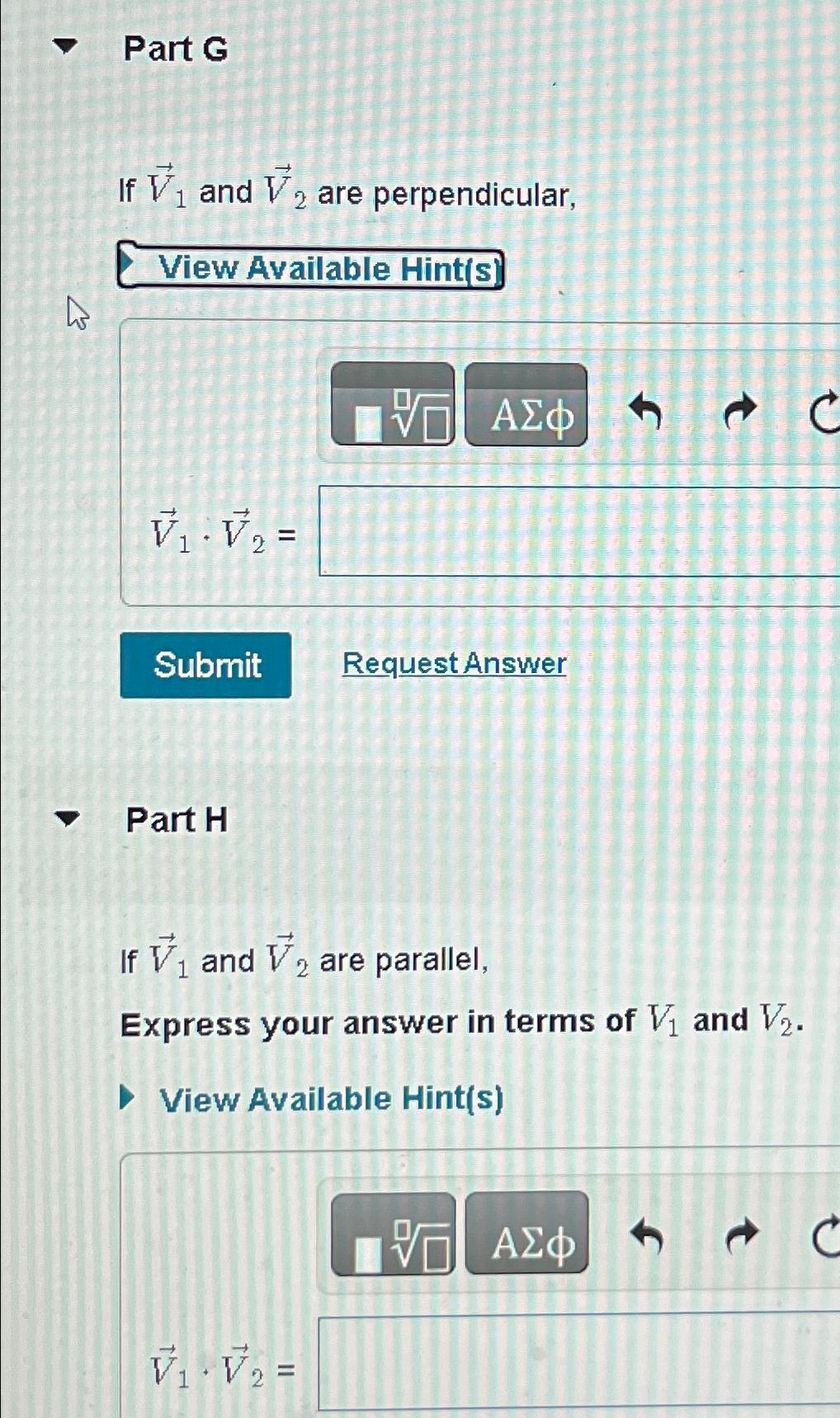 Solved Part GIf vec(V)1 ﻿and vec(V)2 ﻿are • | Chegg.com