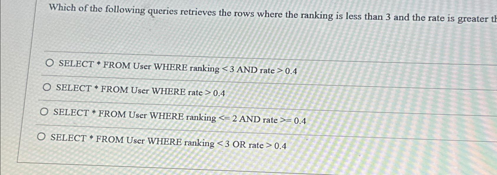 Solved Which of the following queries retrieves the rows | Chegg.com