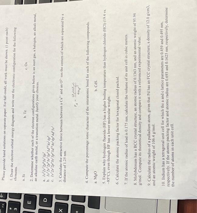 Please provide hand solutions on separate paper. For | Chegg.com