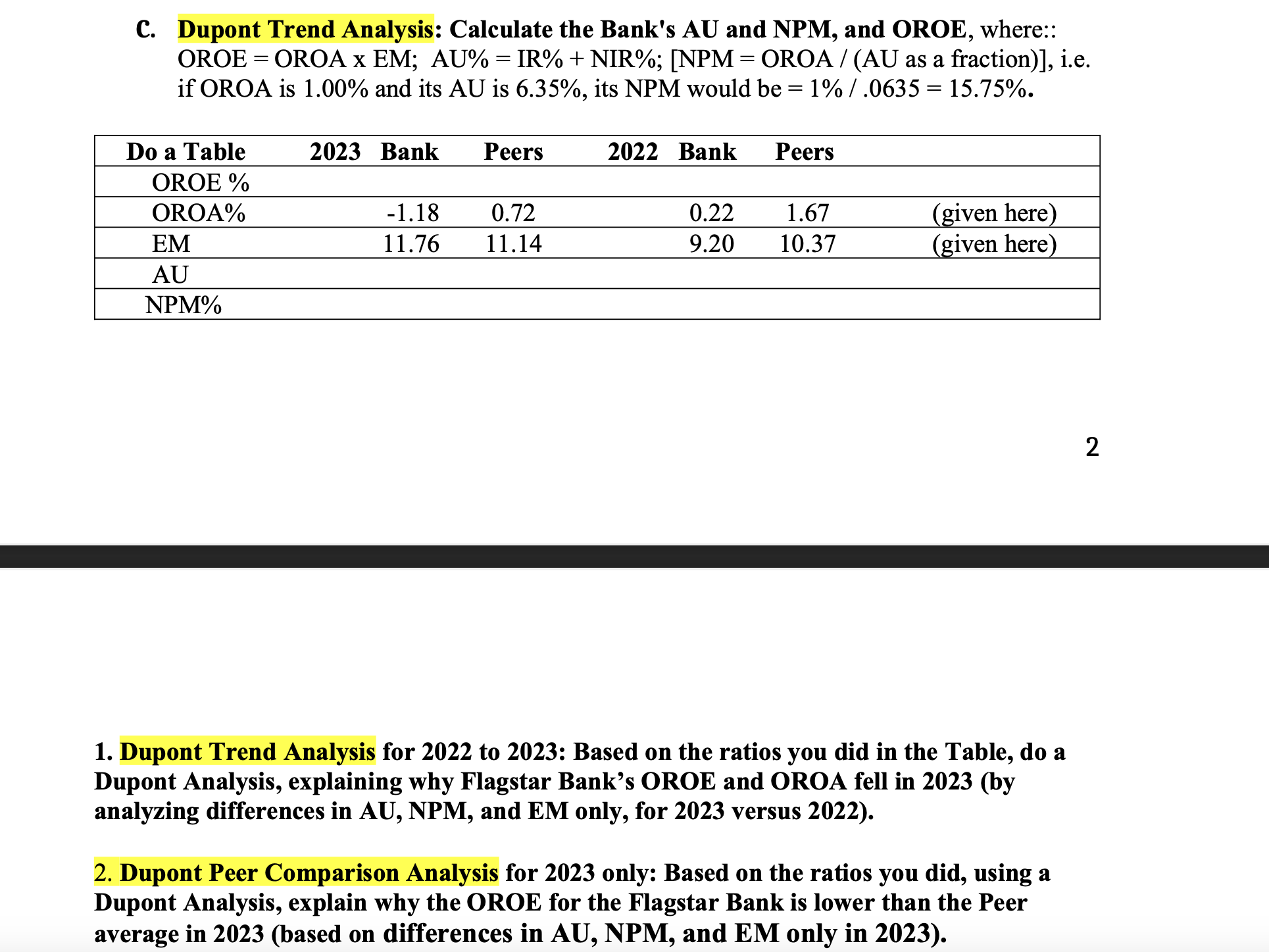 Solved C. ﻿Dupont Trend Analysis: Calculate the Bank's AU | Chegg.com