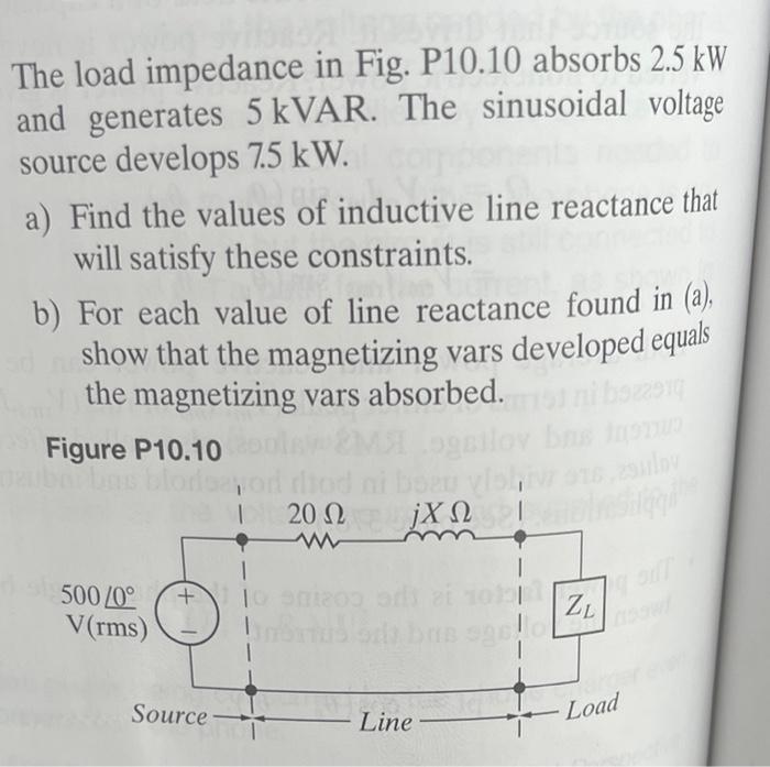 Solved The load impedance in Fig. P10.10 absorbs 2.5 kW and | Chegg.com