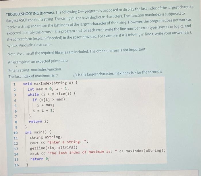Solved 1 TROUBLESHOOTING (5 errors). The following C++ | Chegg.com