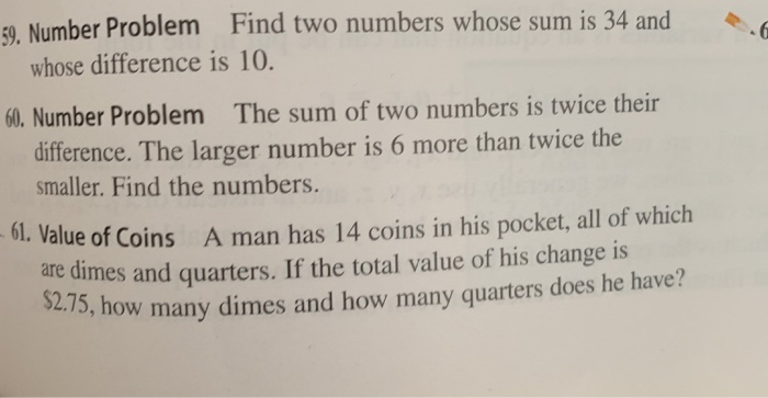 Solved 30 Number Problem Find two numbers whose sum is 34 | Chegg.com