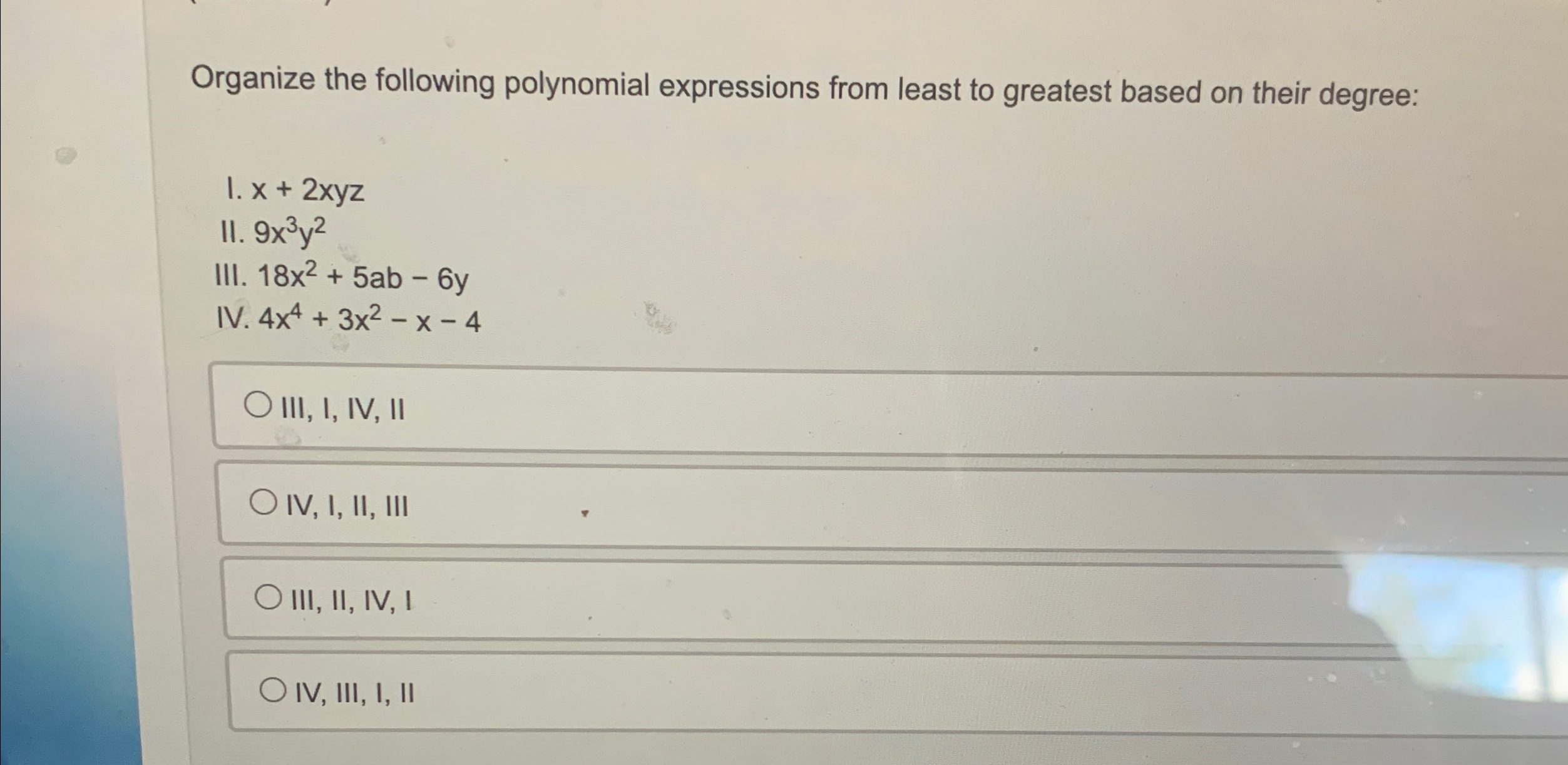 Solved Organize the following polynomial expressions from | Chegg.com