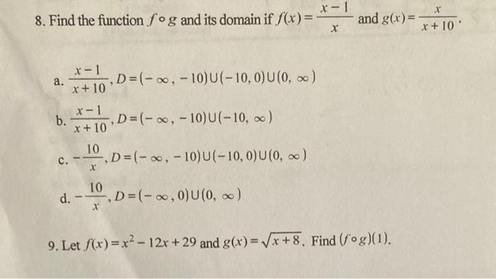 Solved 8. Find the function f∘g and its domain if f(x)=xx−1 | Chegg.com
