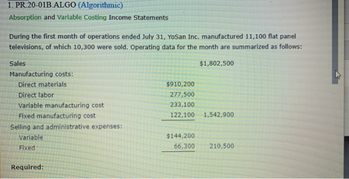 Solved 1. PR.20-01B ALGO (Algorithmic) Absorption and | Chegg.com