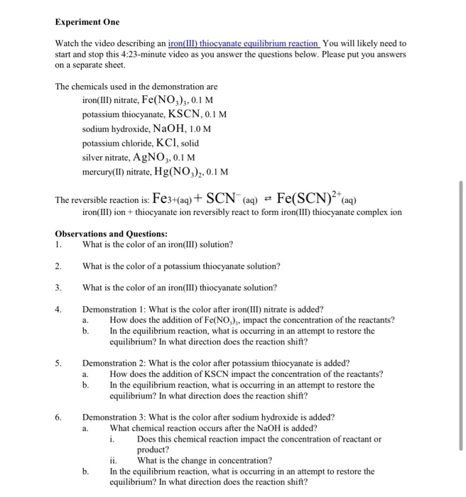Solved Experiment One Watch the video describing an | Chegg.com
