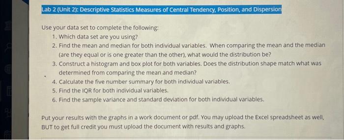 Lab 2(Unit 2): Descriptive Statistics Measures of | Chegg.com