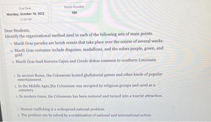 Dear Students, Identify the organizational method | Chegg.com