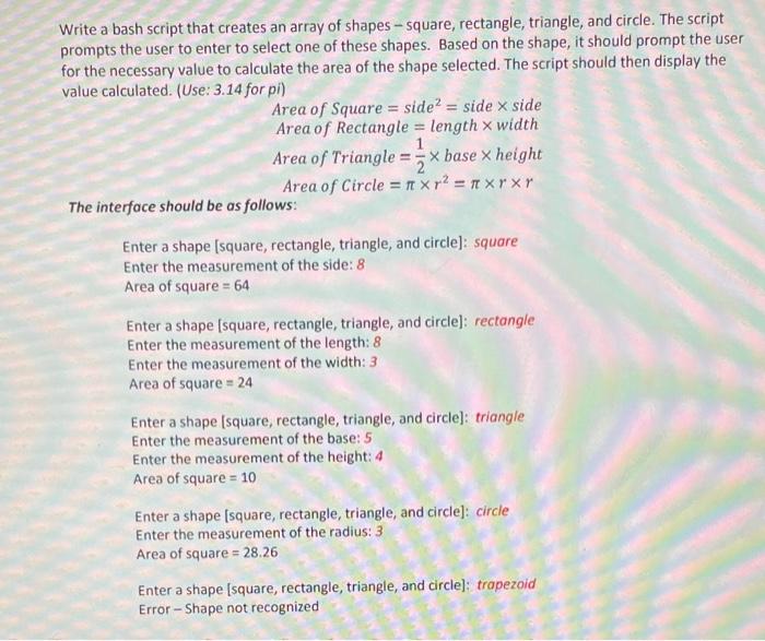 Solved Write a bash script that creates an array of shapes - | Chegg.com