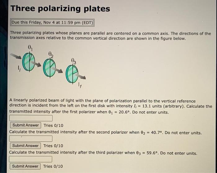Solved Three polarizing plates whose planes are parallel are | Chegg.com