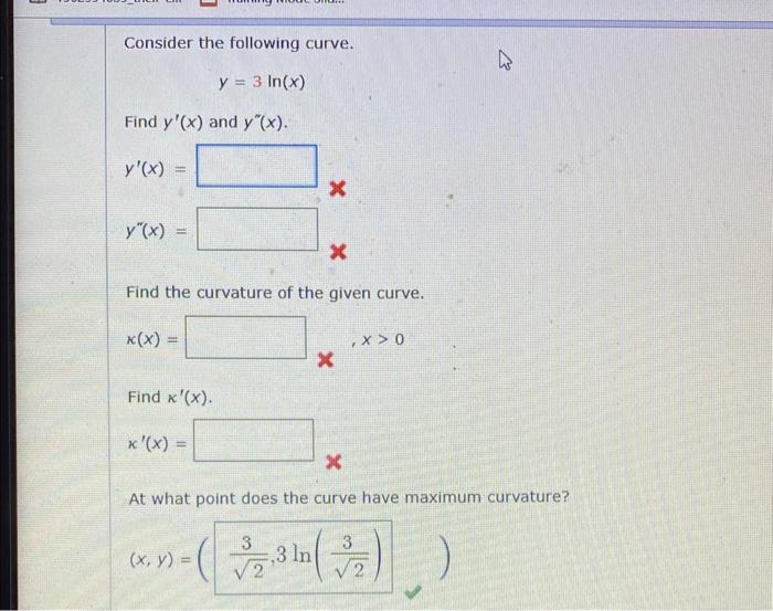 Solved Consider the following curve. y=3ln(x) Find y′(x) and | Chegg.com