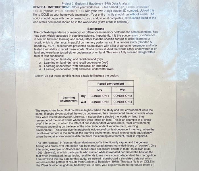 Solved Project 2: Godden & Baddeley (1975) Data Analysis | Chegg.com