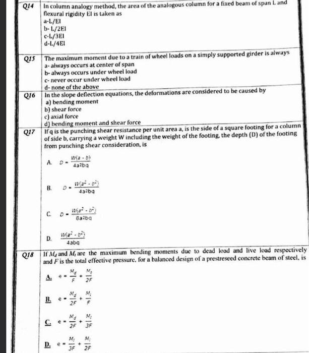 Solved Q14 In column analogy method, the area of the | Chegg.com
