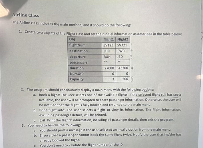 Solved A new Airline named Java Airlines have asked you to | Chegg.com