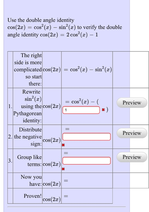 Solved Use the double angle identity cos(2x) = cos? (x) – | Chegg.com