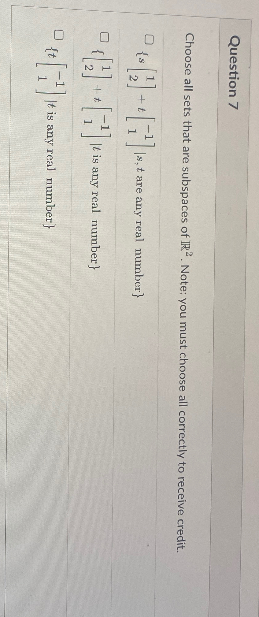 Solved Question 7Choose all sets that are subspaces of R2. | Chegg.com