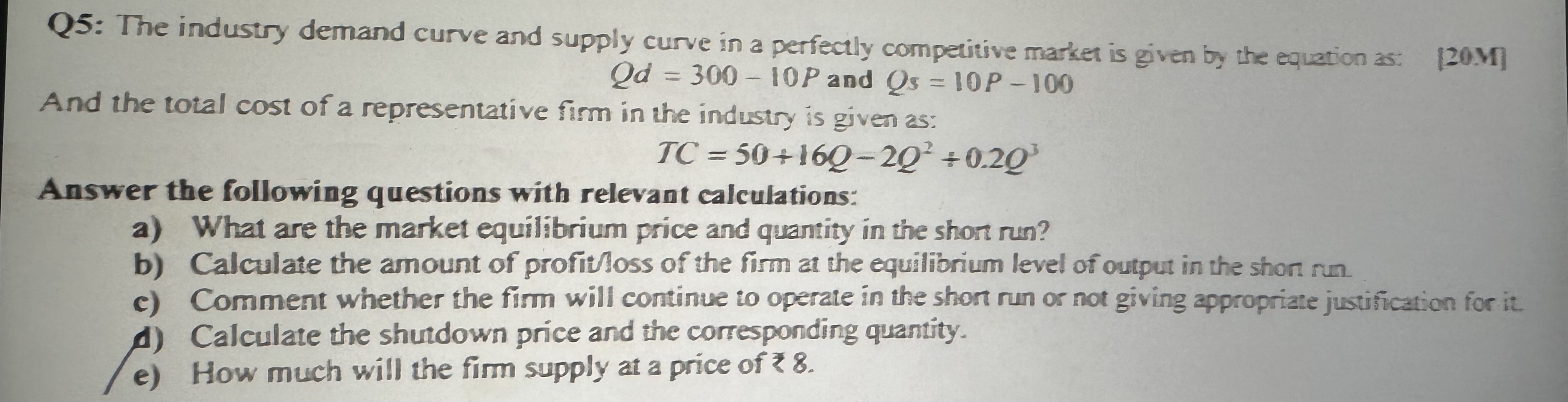 Solved Q5: The industry demand curve and supply curve in a | Chegg.com