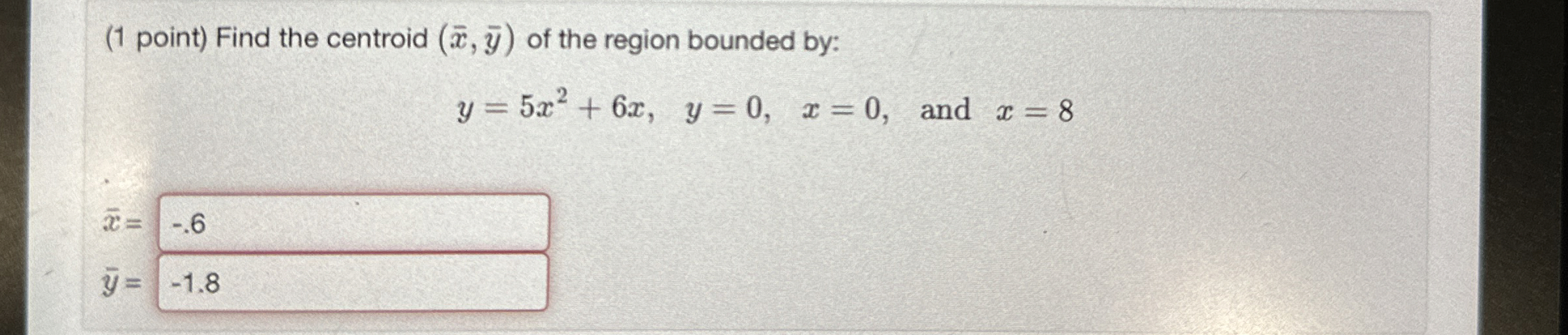 Solved (1 ﻿point) ﻿Find the centroid (x‾,bar (y)) ﻿of the | Chegg.com