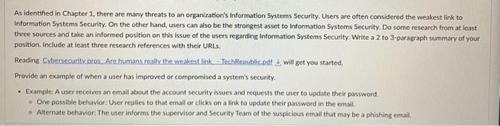 Solved As identified in Chapter 1, there are many threats to | Chegg.com