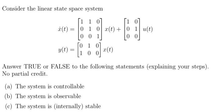 Solved Consider the linear state space system | Chegg.com