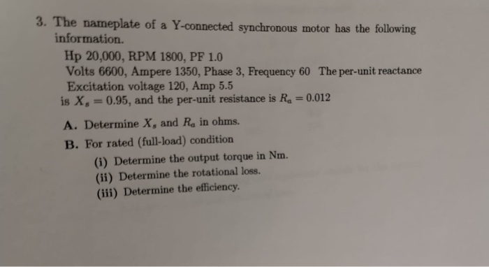 Solved 3. The nameplate of a Y-connected synchronous motor | Chegg.com