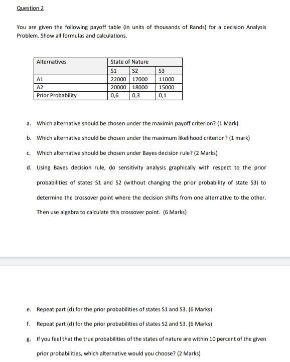 Solved Question 2 You are given the following payoff table | Chegg.com