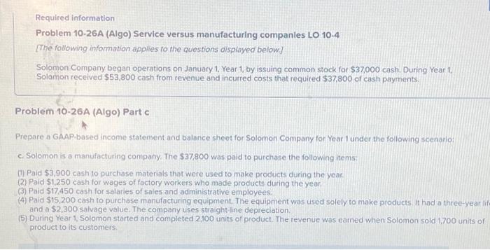 Solved Required information Problem 10-26A (Algo) Service | Chegg.com