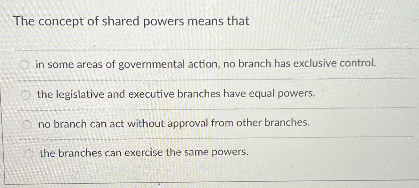 Solved The concept of shared powers means thatin some areas | Chegg.com
