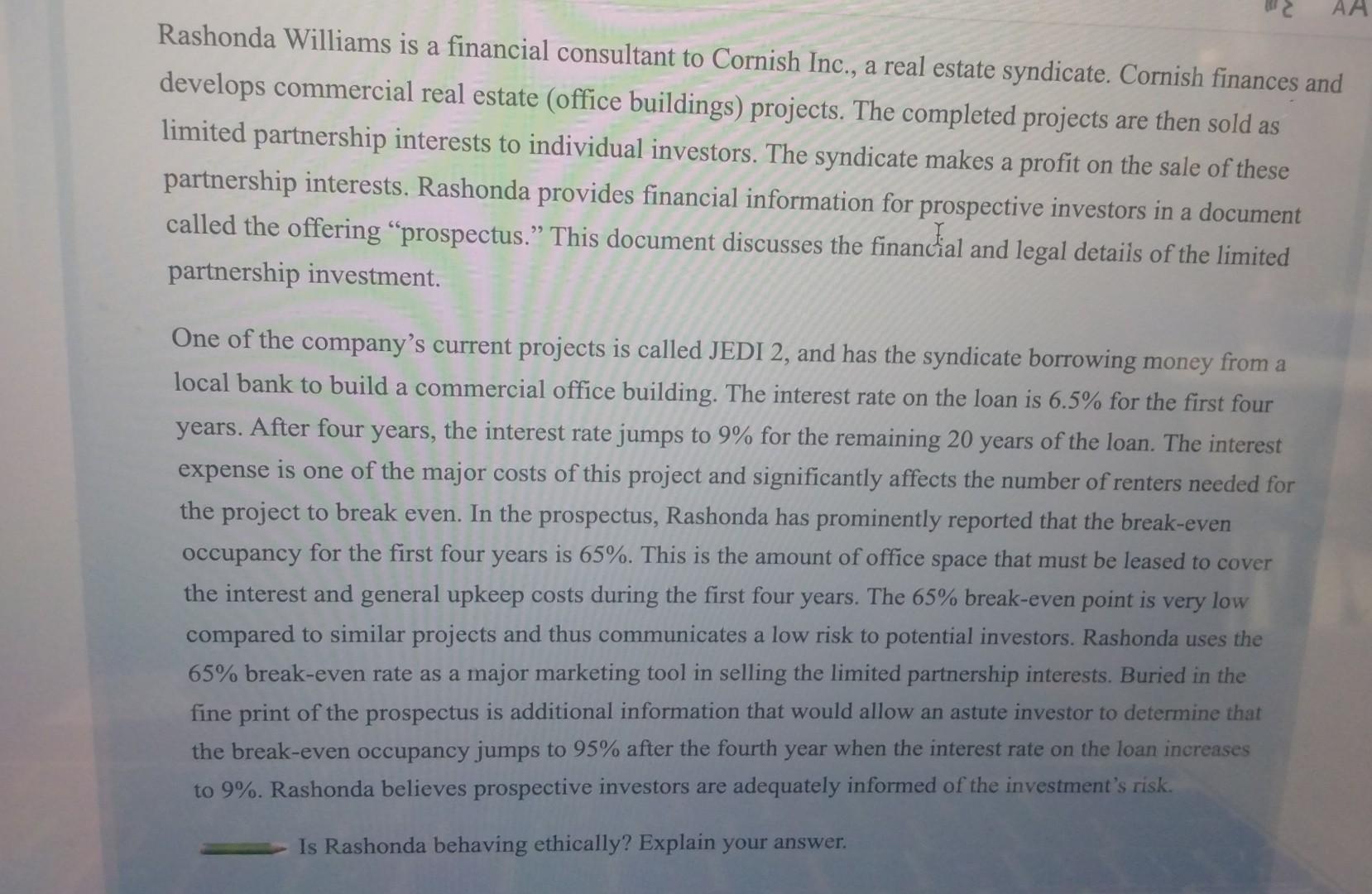 Solved Rashonda Williams is a financial consultant to | Chegg.com