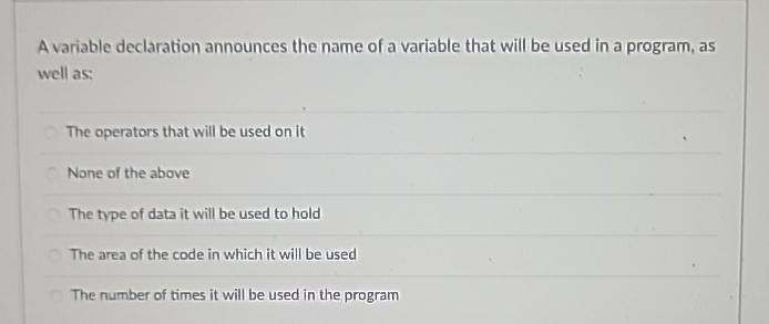 Solved A Variable Declaration Announces The Name Of A