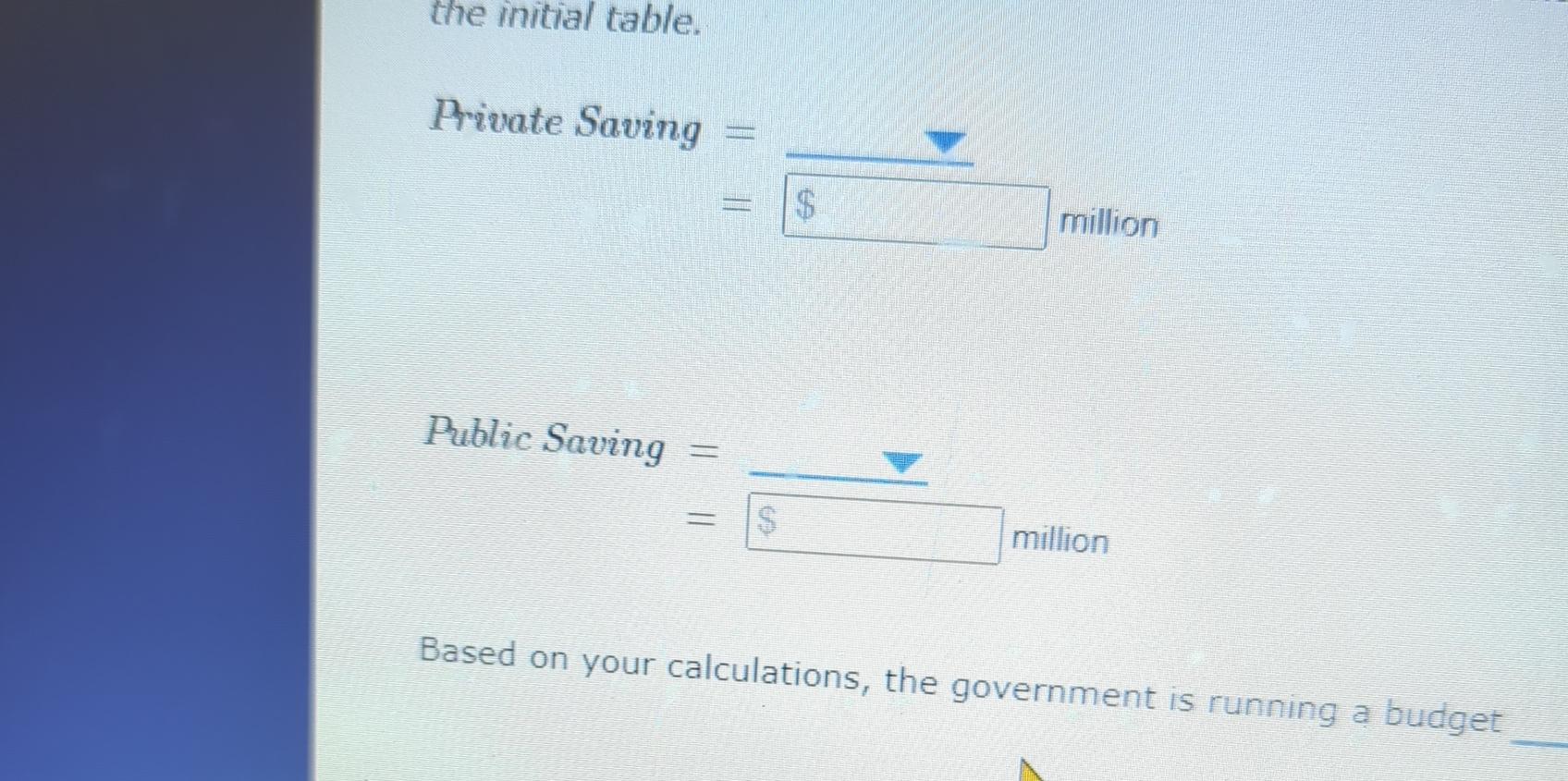 Solved the initial table.Private Saving == ﻿million Public | Chegg.com