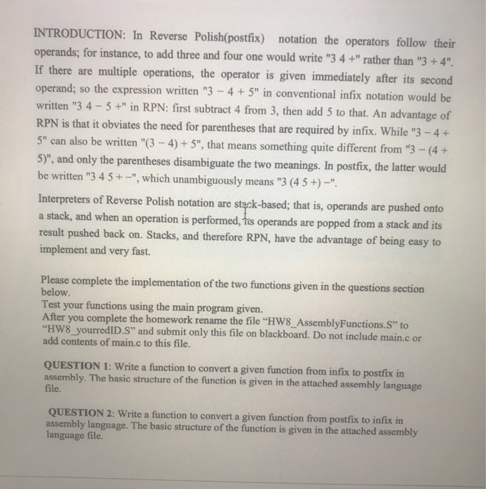 Solved INTRODUCTION: In Reverse Polish(postfix) notation the | Chegg.com