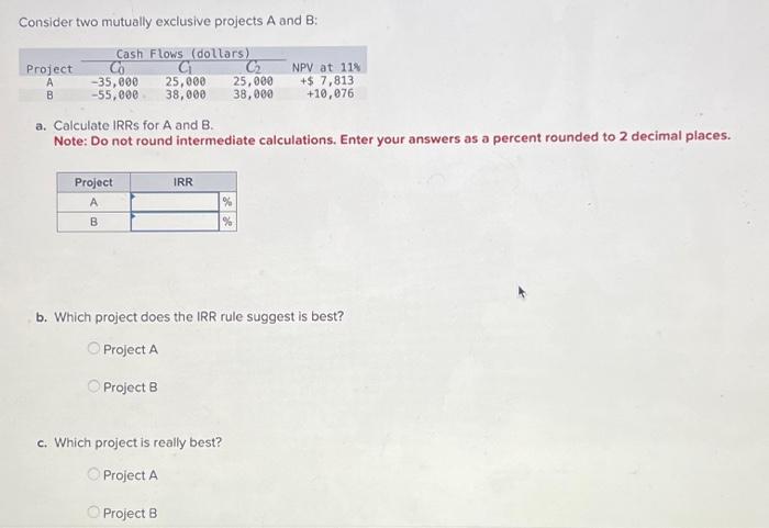 Solved Consider two mutually exclusive projects A and B: | Chegg.com
