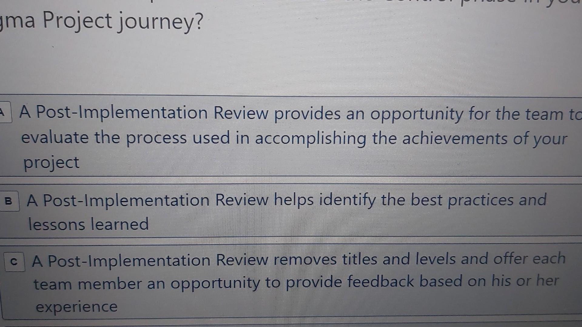 yma Project journey? A Post-Implementation Review | Chegg.com