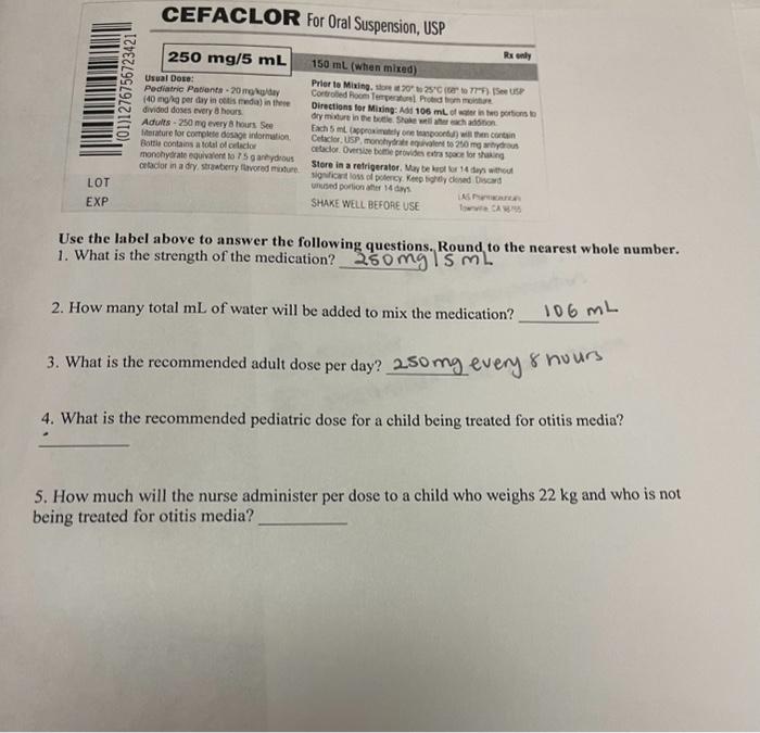 Solved CEFACLOR for Oral Suspension, USP Use the label above | Chegg.com